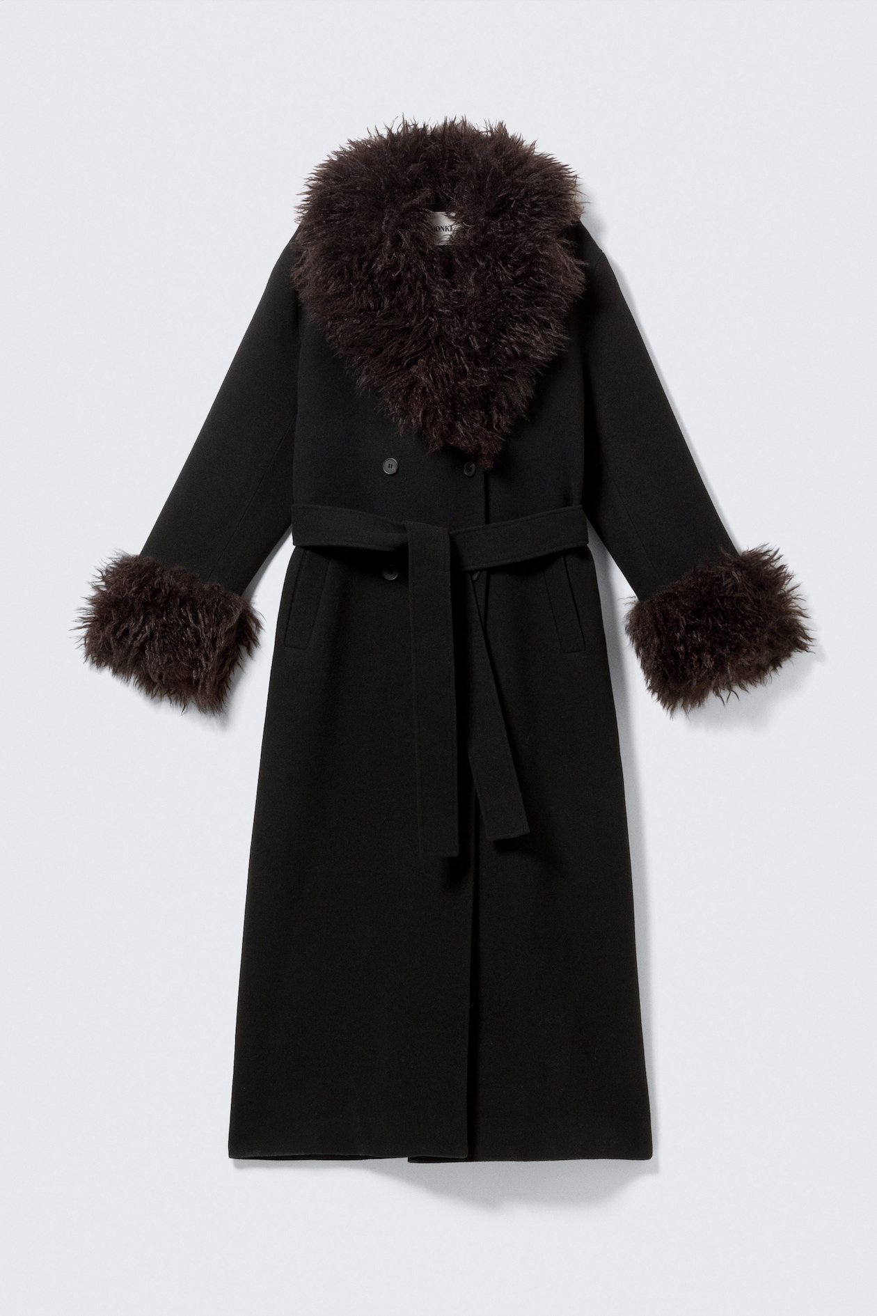 long oversized coat with faux-fur trims - Black - Brown Faux Fur | Monki WW