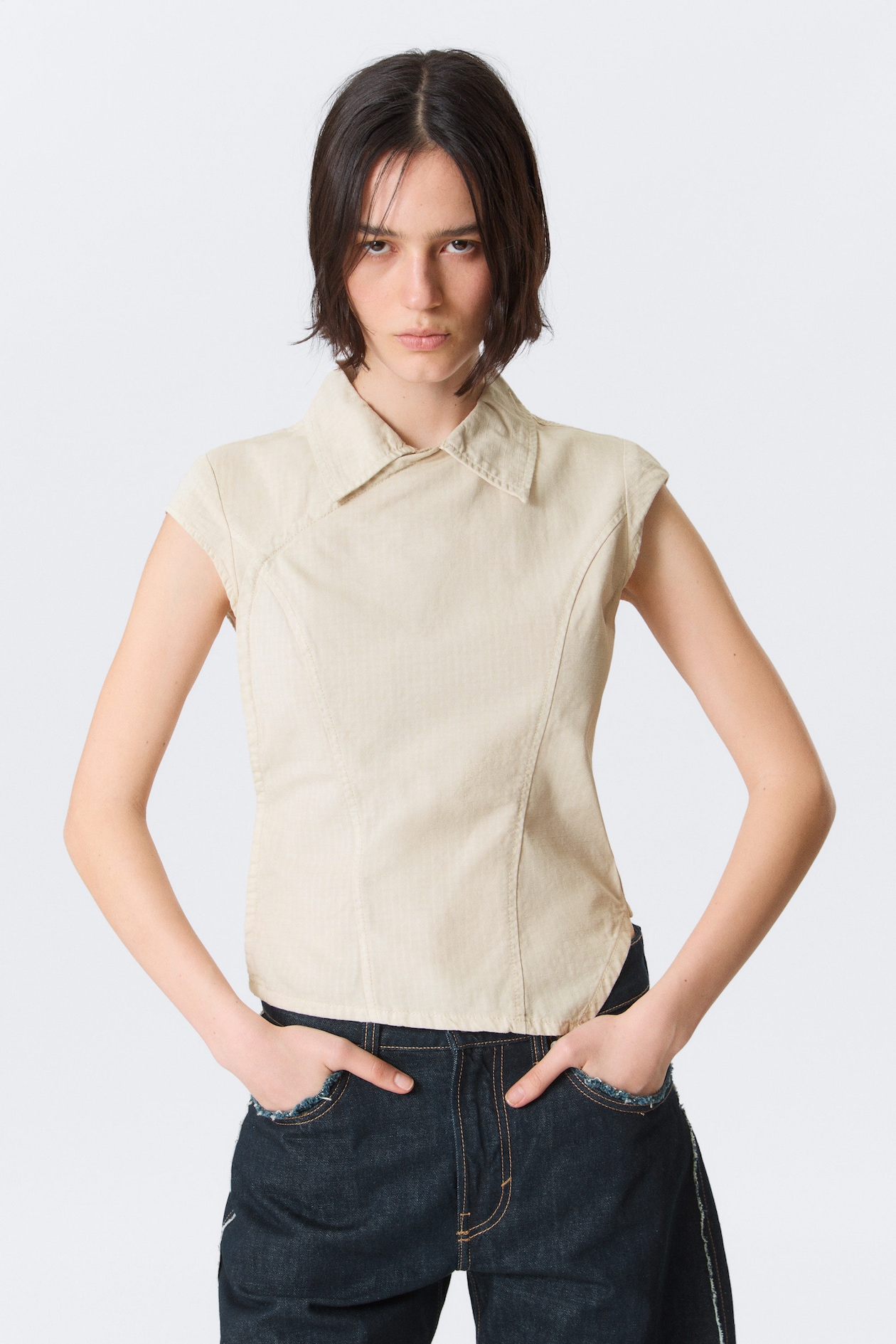 cap-sleeved asymmetric ripstop top - Light Beige | Weekday WW