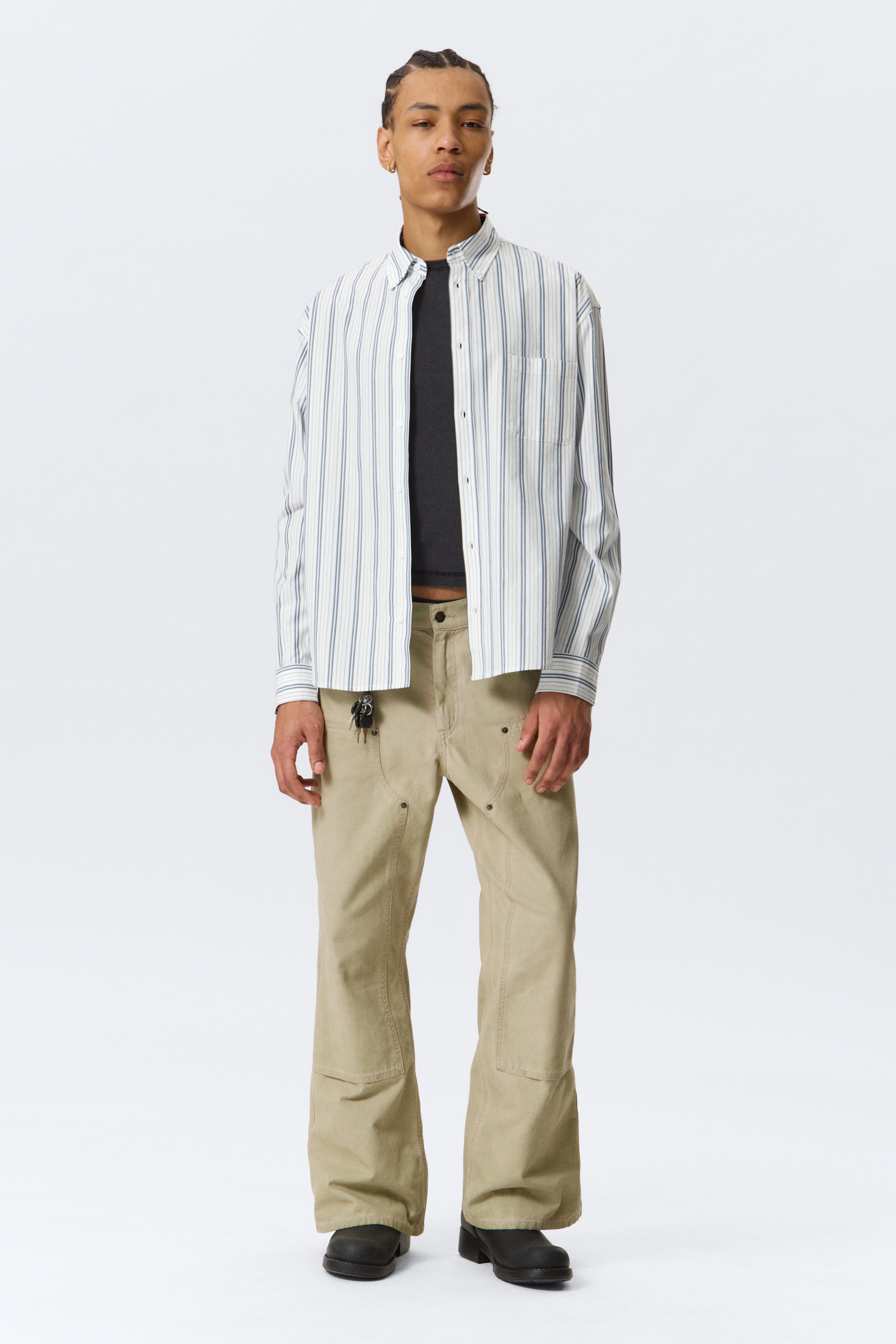 Ruimvallend popeline overhemd met knopen - White - Blue Stripes - HEREN ...