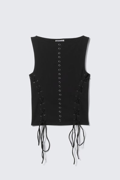 sleeveless lacing boat-neck eyelet top - Black | Weekday WW