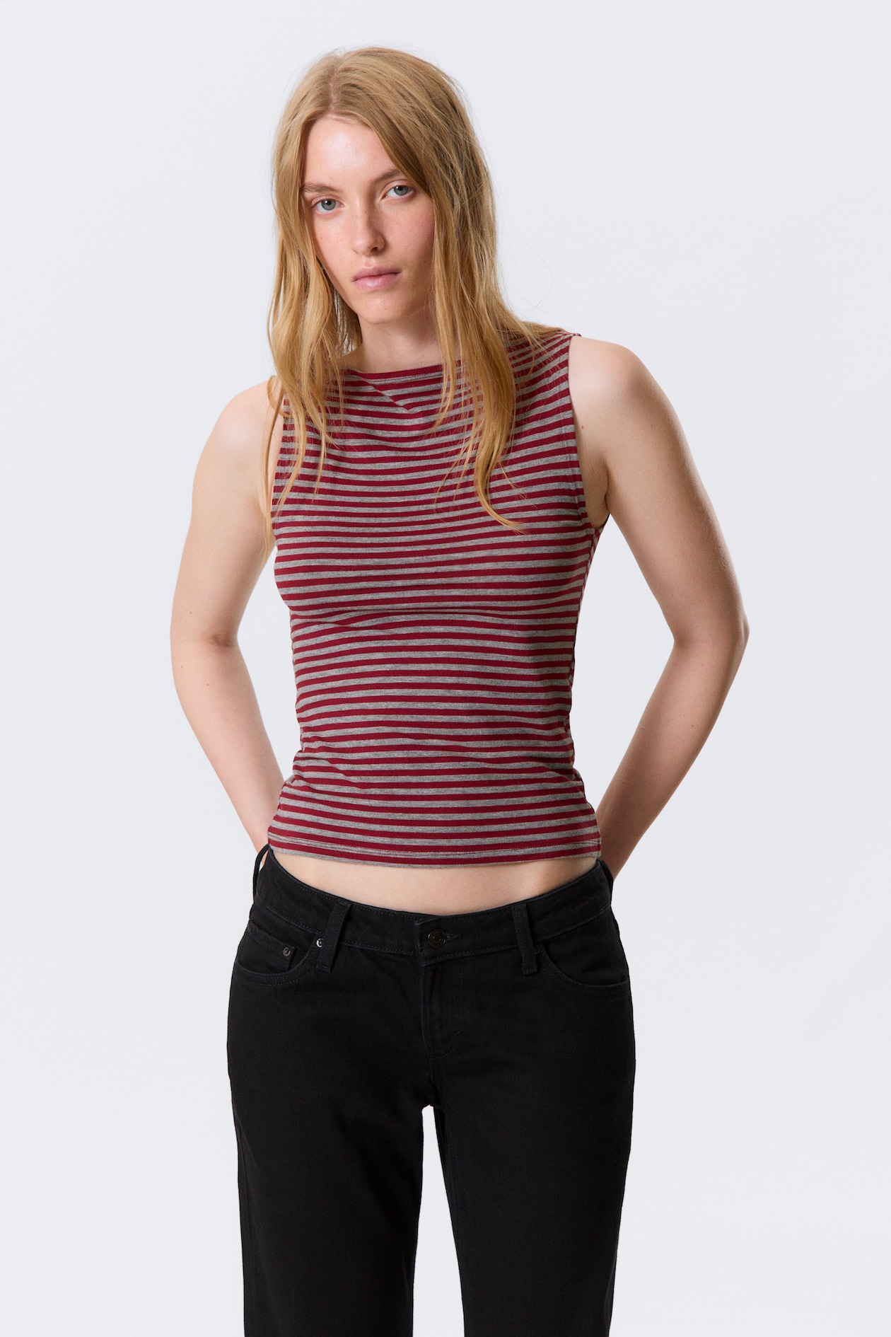 Annie Striped Sleeveless Boat-Neck Top - Dark Red & Grey Stripes ...