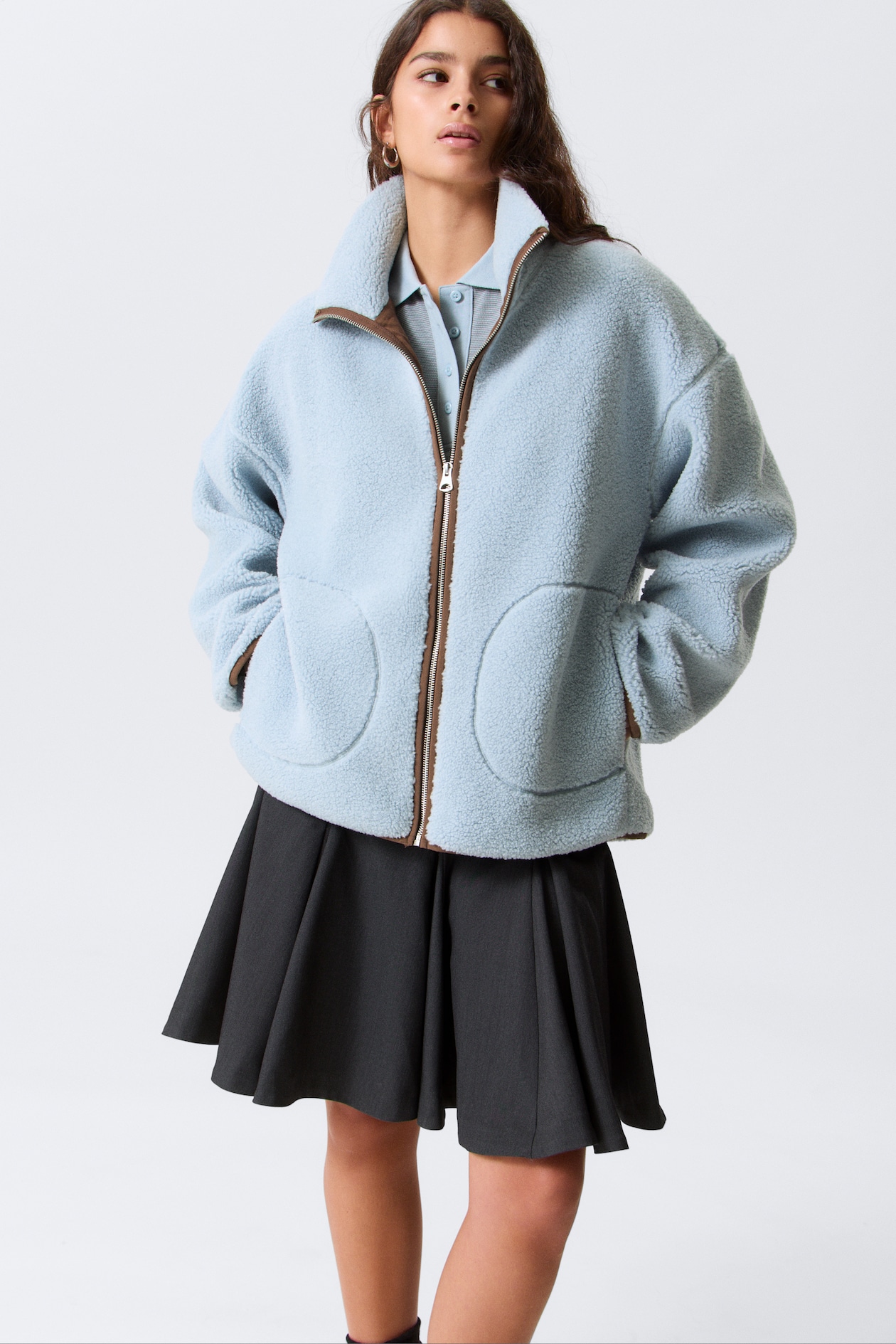 Women's Light Blue - Brown Lining Relaxed Pile Fleece Jacket | H&M GB