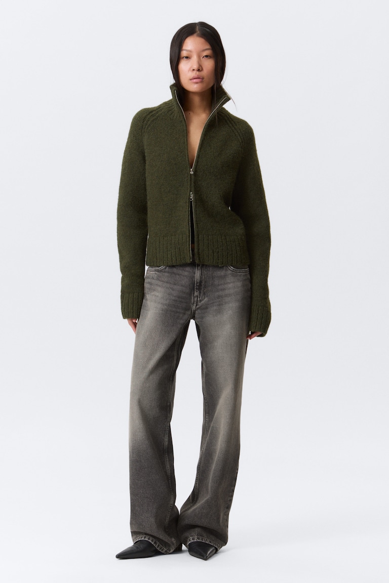 soft knitted fitted zip cardigan - Dark Mossy Green | Weekday WW